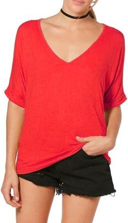 Re Tech UK T-Shirt Oversize - pour Femme - col en V/Manches retroussées/Coupe Chauve-Souris - Style Casual - Tailles EU 36-54 - Rouge - XXXL EU 52-54