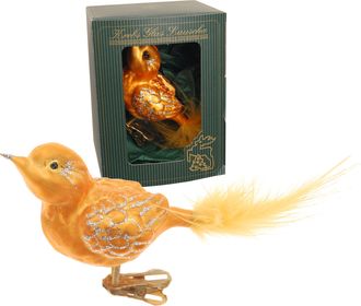 Krebs Glas Lauscha Weihnachtsdekoration/Christbaumschmuck aus Glas - Vogel auf Clip mit Feder - Motiv: Spatz Eisgold - Größe: ca. 7 cm - Made in Germany
