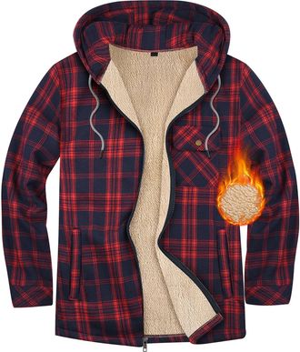 Heekpek Xnova Herren Thermohemd Jacke Fleecefutter mit Kapuze, Casual Rei&szlig;verschluss Karierte Mantel Langarm, Winterjacke Kapuzenpullover Flanellhemd Warm Hol