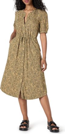 Amazon Essentials Damen Tailliertes Midikleid in A-Linie mit Halben Ärmeln und Ausgestelltem Rockteil mit Taschen, Schwarz Kamelbraun Tiermuster, XL