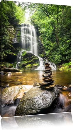 Pixxprint Zen Steine vor Wasserfall, Größe: 100x70cm, Leinwandbild, fertig gespannt, Wandbild, Dekoration, Kunstdruck, kein Poster