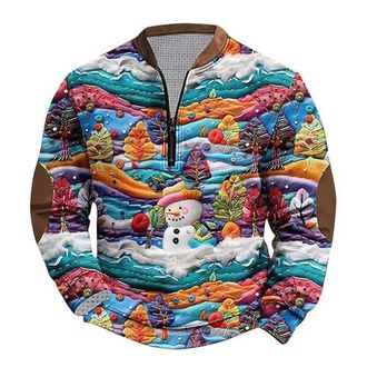 Generic Pull à col rond pour homme - Style décontracté - Imprimé Père Noël 3D - Fermeture éclair - Manches longues - Pull dhiver - Coupe ajustée, bleu, M