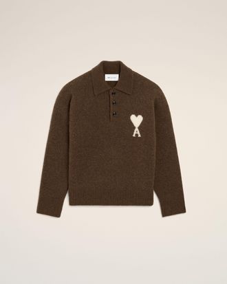 Ami Ami Paris - Polo marron en alpaga Ami de Coeur Marron Chocolat & ecru - Taille : XXL - Unisex
