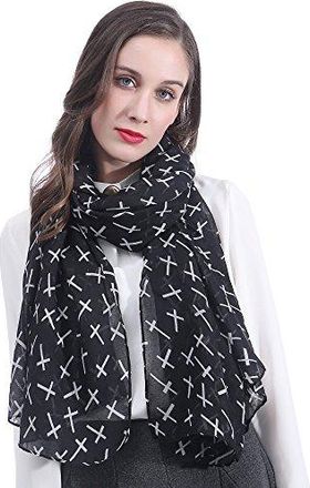 Lina & Lily Écharpe Foulard pour Femme Imprimé Croix (Noir)