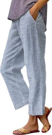 Generic Pantalon droit en lin &agrave; rayures lat&eacute;rales pour femme, pantalon en lin, taille &eacute;lastique, jambe droite, vacances &agrave; la plage d&eacute;t&eacute;, noir fonc&eacute;, 5XL