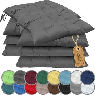 NatureMark Lot de 8 Galettes de Chaises avec Rubans 40x40 cm - Coussin de Chaise &Eacute;pais pour Int&eacute;rieur & Jardin - Couleur Anthracite