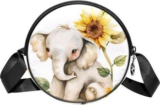 Generic Sac &agrave; bandouli&egrave;re rond pour femme, motif &eacute;l&eacute;phant, tournesol, petit sac &agrave; bandouli&egrave;re avec fermeture &eacute;clair, bretelles r&eacute;glables, sac &agrave; main rond d&eacute;co