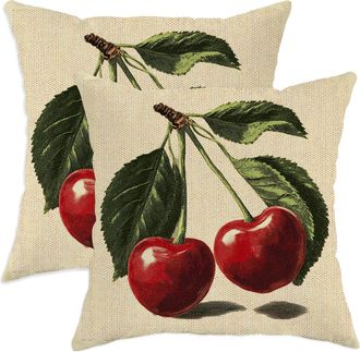 Generic Kissenbez&uuml;ge mit Kirschen-Motiv, rot, Vintage-Stil, Obst-Kissenbez&uuml;ge, sommerlich, dekorativ, quadratisch, Bauernhaus-Dekoration f&uuml;r Zuhause, Sofa, Be