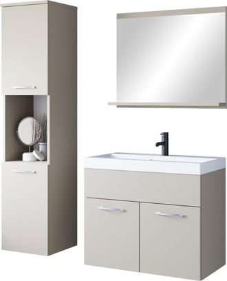 Mirjan24 Badm&ouml;bel Set Montreal mit Waschbecken und Siphon, Badezimmer Komplett, im Set Spiegel, Waschtisch, Hochschrank, H&auml;ngeschrank M&ouml;bel f&uuml;r Bad (Cashmerebe