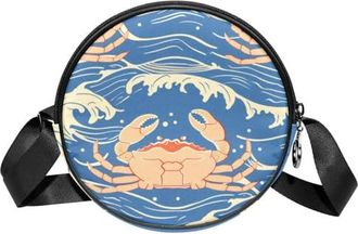 Generic Sac &agrave; bandouli&egrave;re rond rond pour femme, motif vague, mignon crabe, avec fermeture &eacute;clair, bretelles r&eacute;glables, style d&eacute;contract&eacute;