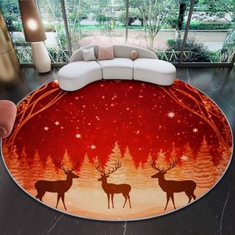Generic 100 cm Tapis Rond pour Chambre &agrave; Coucher, Lavable Doux Rouge et antid&eacute;rapant pour Chambre &agrave; Coucher - Tapis Rond &agrave; imprim&eacute; No&euml;l For&ecirc;t Cerf pour Bureau
