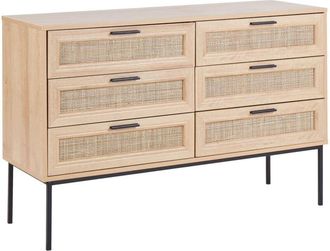 Beliani Kommode Heller Holzfarbton Schwarze Metallbeine und Handgriffe 120 x 40 x 77 cm Boho Stil Sechs Rattan Schubladen Schlafzimmer Wohnzimmer Flur