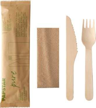 Papstar Besteckset, Holz Pure 500 St&uuml;ck : Messer, Gabel, Serviette in Papierbeutel