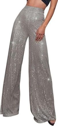 Generic Pantalon évasé à paillettes pour femme - Taille haute - Jambe large - Paillettes brillantes - Élastique - Fermeture éclair latérale, A-gris, XXL
