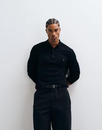AllSaints Mode Merino Langarm-Logo-Strickpolo in Schwarz