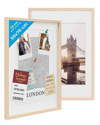 Photolini 3D Bilderrahmen zum Befüllen 50x70 Natur groß, 1,5 cm tiefer Objektrahmen mit Glas, 2X tiefer Bilderrahmen 50x70 Holz MDF mit Passepartout, Dicker 3D 