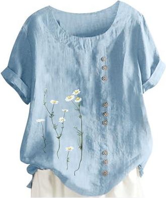 Generic T-shirt Femme Coton et Lin Mode D&eacute;contract&eacute; Col Rond Manches Courtes Tops T-Shirt Femme, bleu clair, 4XL