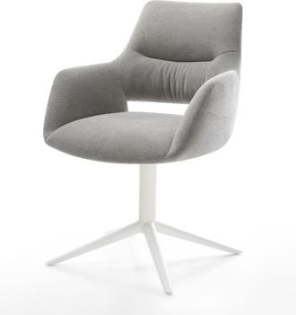 DELIFE Drehstuhl Yago-Flex mit Armlehnen Strukturstoff Soft Grau Fußkreuz Weiß 360° drehbar Wippfunktion Taschenfederkern, Esszimmerstühle