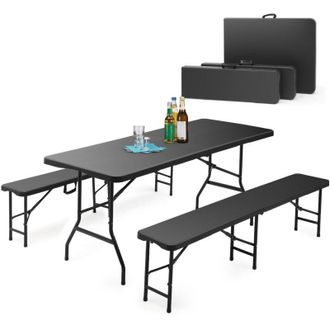 Sekey Ensemble de tente &agrave; bi&egrave;re pliable en plastique Table + 2 bancs avec poign&eacute;es de transport Salon de jardin Chapiteau de 180 cm Table &agrave; bi&egrave;re pour le
