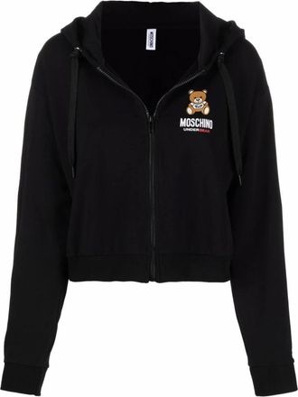 Moschino Femme, Sweatshirts et sweats &agrave; capuche, Noir, Taille: 38 FR SweaT-shirt zipp&eacute; avec logo Teddy et capuche
