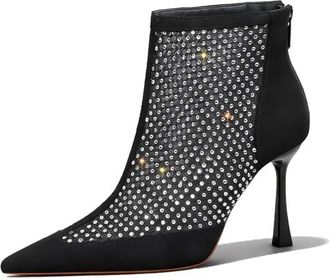 Generic Bottes à bout pointu en strass pour femme - Noir brillant - Talon aiguille - Bottines avec fermeture éclair dans le dos, Noir, 38.5 EU
