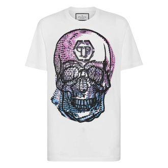 Philipp Plein Homme, Tops, Blanc, Taille: 5XL T-Shirt Col Rond Skull