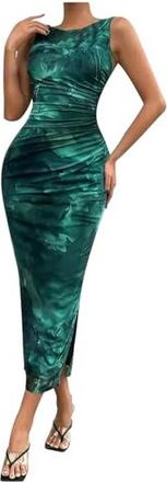 Generic Robes amincissantes 2026 pour dames, tendance, d&eacute;contract&eacute;e, coupe ajust&eacute;e, sans manches, fente et col haut, vert fonc&eacute;, XL