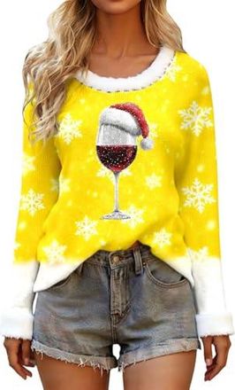 Generico T-shirt de Noël amusant avec imprimé de coupe Sweat à manches longues élégant pour automne et hiver Pull de Noël pour femme avec doublure en polaire e