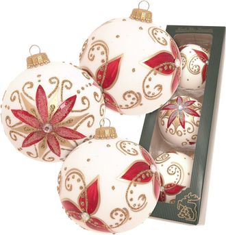 Krebs Glas Lauscha Weihnachtskugeln Weihnachtsstern Edel Wei&szlig; 8 cm - 3er Set - mundgeblasen & handdekoriert - edle Glasornamente mit Strass & Glitter