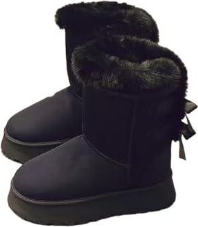 Generic JJDFW Bottes de neige dhiver &agrave; semelle &eacute;paisse avec noeud et bouche en fourrure et bottes en coton &eacute;pais et moelleux, style d&eacute;contract&eacute;, Noir, 39 1/3 