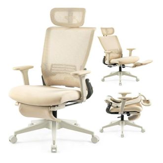 Elle Ergonomischer Klappb&uuml;rostuhl mit Fu&szlig;st&uuml;tze, atmungsaktiver Netzr&uuml;ckenlehne, verstellbarer Lendenwirbelst&uuml;tze, komfortabler beigefarbener B&uuml;rostuhl