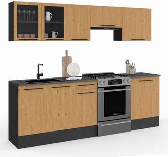 IDMarket Cuisine compl&egrave;te 240 cm Subtil avec vitrine + Plan de Travail 7 &eacute;l&eacute;ments Noir et fa&ccedil;on h&ecirc;tre