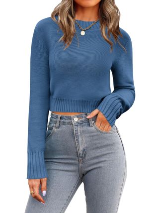 Zeagoo Strickpullover Damen Cropped Pullover Warmer Langarm Pulli Bequem Strick Winterpullover Casual Einfarbig Halbhohem Kragen Sweater Marineblau S