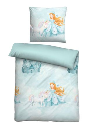 Biberna Feinbiber Bettw&auml;sche 0004524 Prinzessin Einhorn 1x 135x200 cm + 1x 80x80 cm, ciel