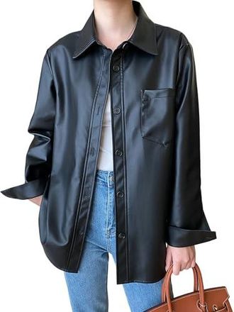 Generic Chemisier en similicuir l&eacute;ger &agrave; manches longues pour femme, Noir, M