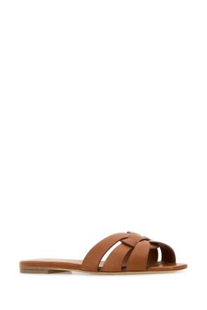 Saint Laurent Womens Brown Leather Tribute 05 Slippers 2206 Scarpe Con Tacco High Heel Shoes