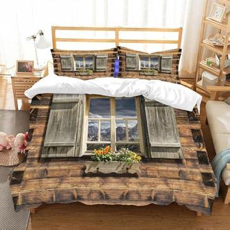 Generic Housse de Couette 220x240 Fenêtre de Cabine Parure de Lit Style Rétro 3D Ultra Doux Respirante Microfibre Housse Couette 2 Personnes avec Fermeture Éc