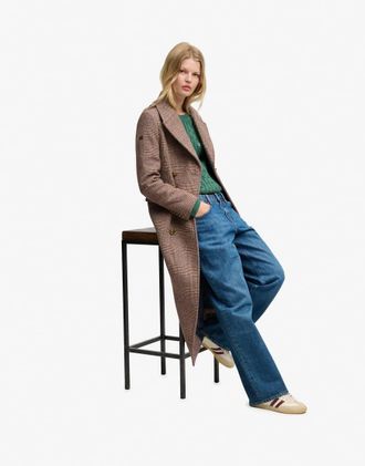 Superdry Manteau crois&eacute; en m&eacute;lange de laine marron/bleu &agrave; carreaux Prince de Galles