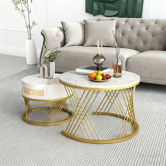 Generic Kombinierbarer Couchtisch (2-in-1) mit Marmorplatte und Rattan-Schubladen, runde Beistelltische mit Massivholzgriffen und Goldfüßen in 70/50 cm Durchm