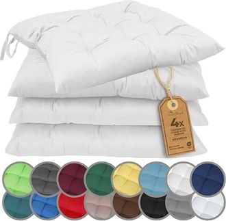 NatureMark Lot de 4 Galettes de Chaises avec Rubans 40x40 cm - Coussin de Chaise Épais pour Intérieur & Jardin - Couleur Blanc