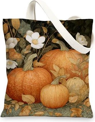 Generic Sacs fourre-tout en toile motif citrouille à motif floral élégant, sacs dépicerie réutilisables, sacs dépicerie vintage légers et lavables pour salle 