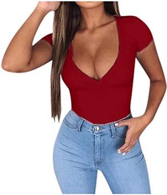 Generic T-shirt extensible &agrave; manches courtes et col en V profond pour femme - Haut sexy et d&eacute;contract&eacute; pour sortir en soir&eacute;e, Rouge, 5XL
