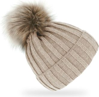 Fiebig Strickm&uuml;tze mit Kunstfell Bommel | M&uuml;tze aus Wolle mit Fleece-Futter | Beanie Made in Europe (Beige)