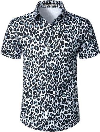 PARKLEES Chemise &agrave; manches courtes imprim&eacute;e l&eacute;opard pour homme, d&eacute;contract&eacute;e, avec boutonnage, motif gu&eacute;pard, bleu clair, S