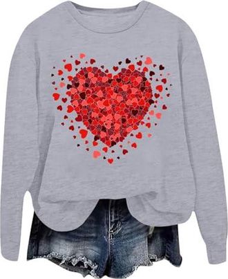 Generic Pull Femme Coeur Imprim&eacute; Sweatshirt Saint-Valentin T-shirt &agrave; manches longues d&eacute;contract&eacute; Col rond Pull &eacute;l&eacute;gant sans capuche Manches longues T-shirt l&eacute;