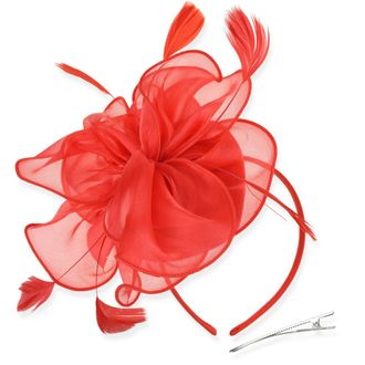 Dreshow Damen Fascinators Hut Cocktail Party Tee Kopfbedeckung Blume Mesh Organza B&auml;nder Federn auf Einem Stirnband