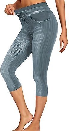 Onsoyours Legging 3/4 Femmes Imitation Jean Leggings Pantalon de Sport Jegging Taille Haute Yoga Pantacourt Décontractés A Gris M