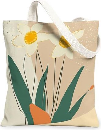 Generic Sac fourre-tout en toile avec fleurs de jonquille printani&egrave;re, 33 x 38 cm, motif floral r&eacute;tro du milieu du si&egrave;cle, sac d&eacute;picerie r&eacute;utilisable pour fem