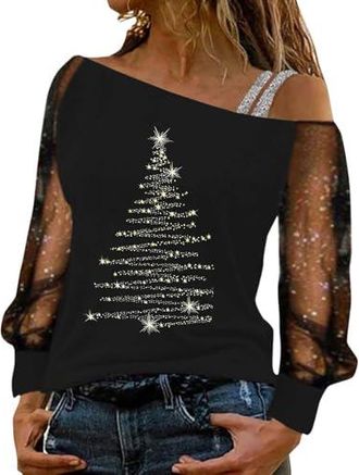Generic Haut Femme Chic Chemisier Blouse &Agrave; Manches Longues Transparentes T-Shirt Paillettes Mode Mesh Chic &Eacute;paules D&eacute;nud&eacute;es Chemisier No&euml;l Haut Tops Pullover 