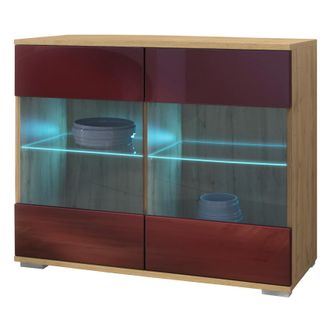 Vladon Kommode Bari V3, Moderner Küchenschrank mit 2 großen Glastüren inkl. RGB Beleuchtung Eiche Evoke/Bordeaux Hochglanz (92,5 x 75.5 x 35)